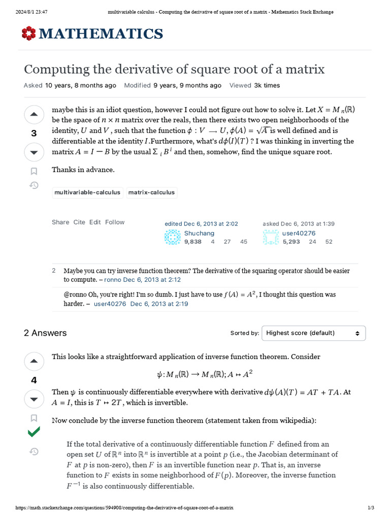 Multivariable Calculus - Computing The Derivative of Square Root of A Matrix - Mathematics Stack ...