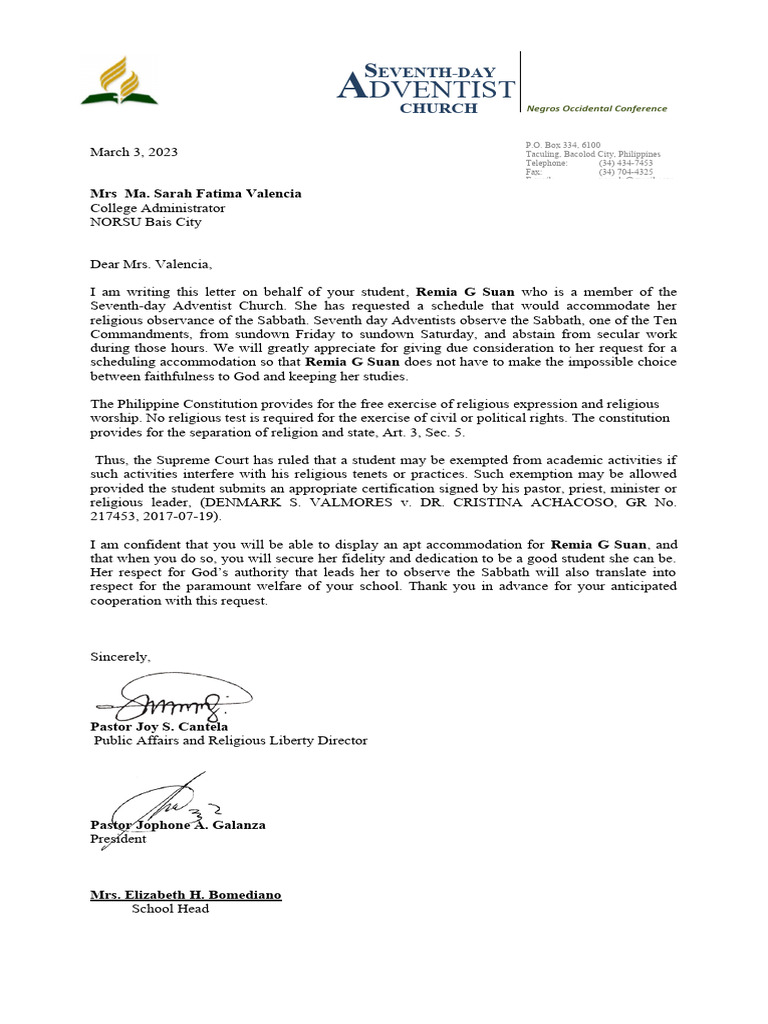 Sabbath Letter Student Female | PDF | Sabbath | Free Exercise Clause