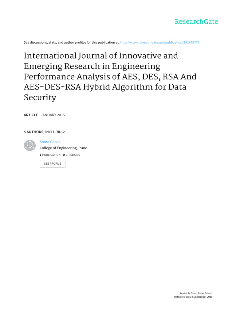 Performance Analysis of AES DES RSA And | PDF | Key (Cryptography) | Cryptography