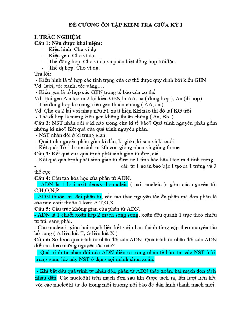 De Cuong On Tap Kiem Tra Giua Ky 1 - Sinh 9 | PDF