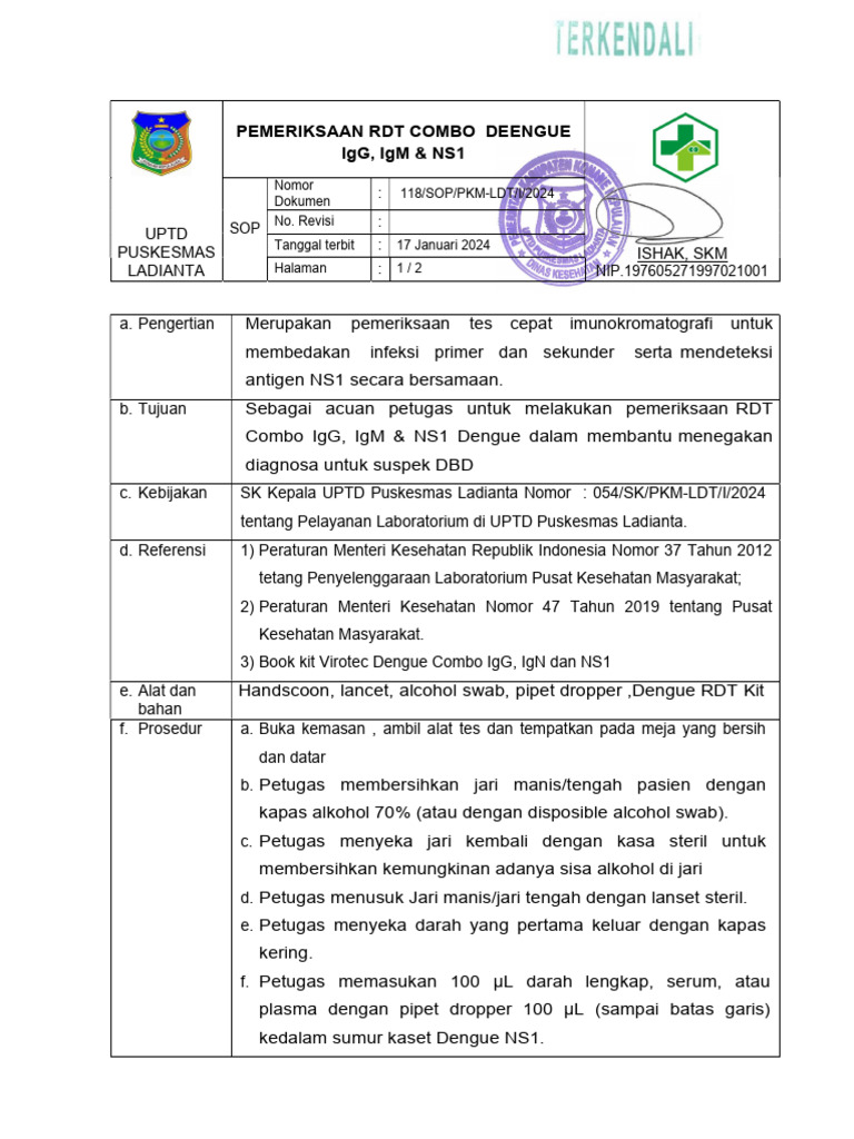 Prosedur Pemeriksaan RDT Dengue NS1 | PDF | Sains & Matematika