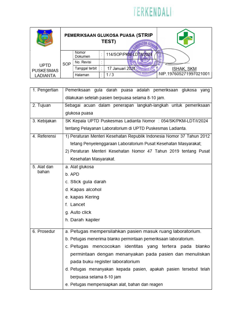 Prosedur Pemeriksaan Glukosa Puasa | PDF