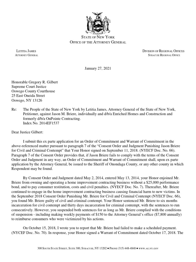 NYAG v. Jason Briere (Doc 71) Warrant of Arrest and Commit To ...