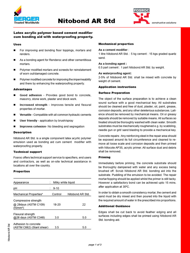 Tds Nitobond Ar STD Bfl5 | PDF | Concrete | Cement