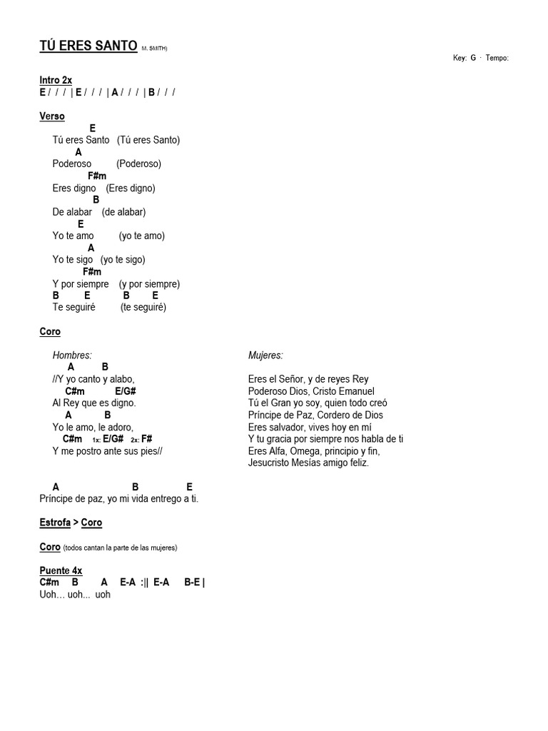 Tu Eres Santo (M. W. Smith) Key - of - E | PDF | Arte