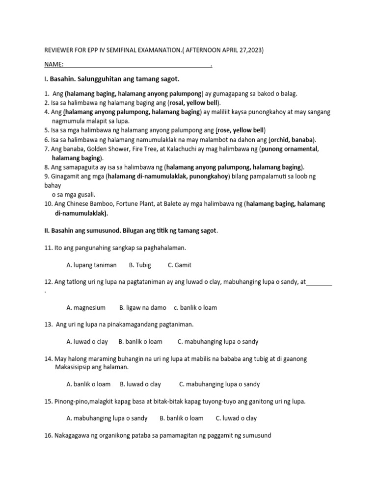 Reviewer For Epp-Iv Semifinal Examanation | PDF