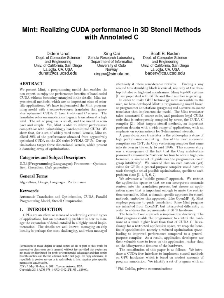 Mint Realizing CUDA Performance in 3D Stencil Meth | PDF | Graphics Processing Unit | Program ...