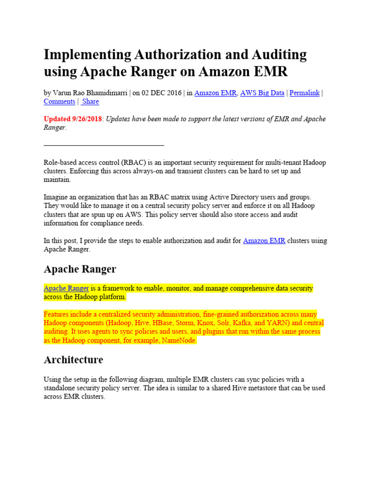 Apache Ranger on Amazon EMR Setup Guide | PDF | Active Directory | Apache Hadoop