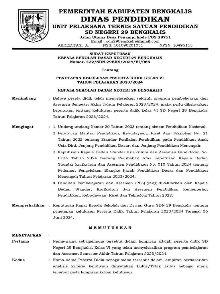 SK Penetapan Kelulusan Peserta Didik Kelas Vi-1 | PDF SK Penetapan Kelulusan Peserta Didik Kelas Vi-1 | PDF
