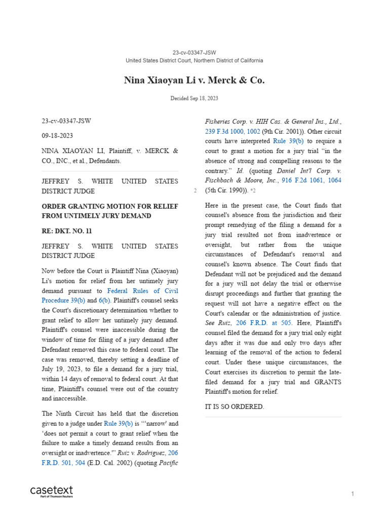 Nina Xiaoyan Li v. Merck & Co | PDF | State Court (United States ...