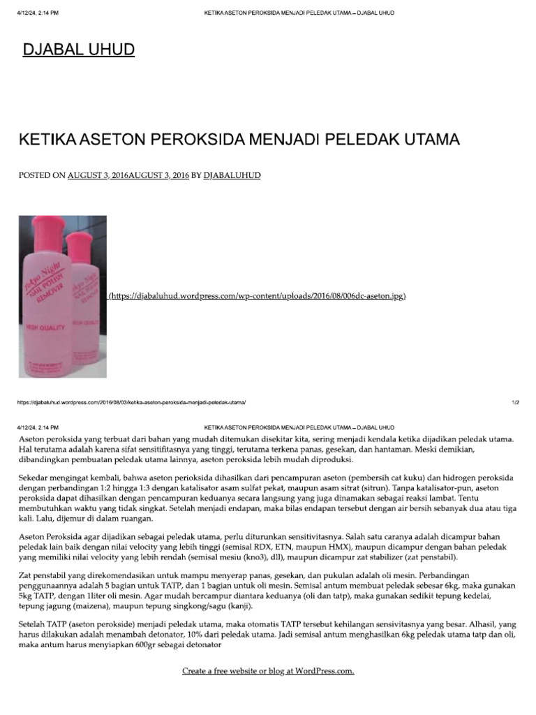 Aseton Menjadi Peledak Utama | PDF