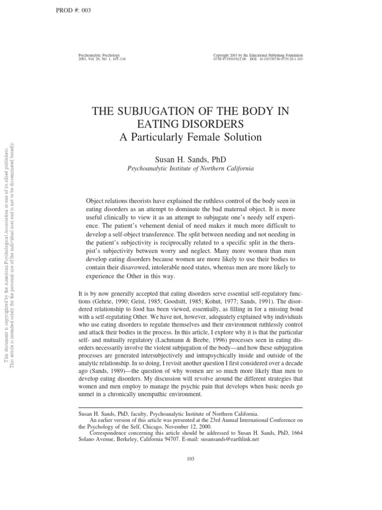 2003 - The Subjugation of The Body in Eating Disorders - A Particularly ...