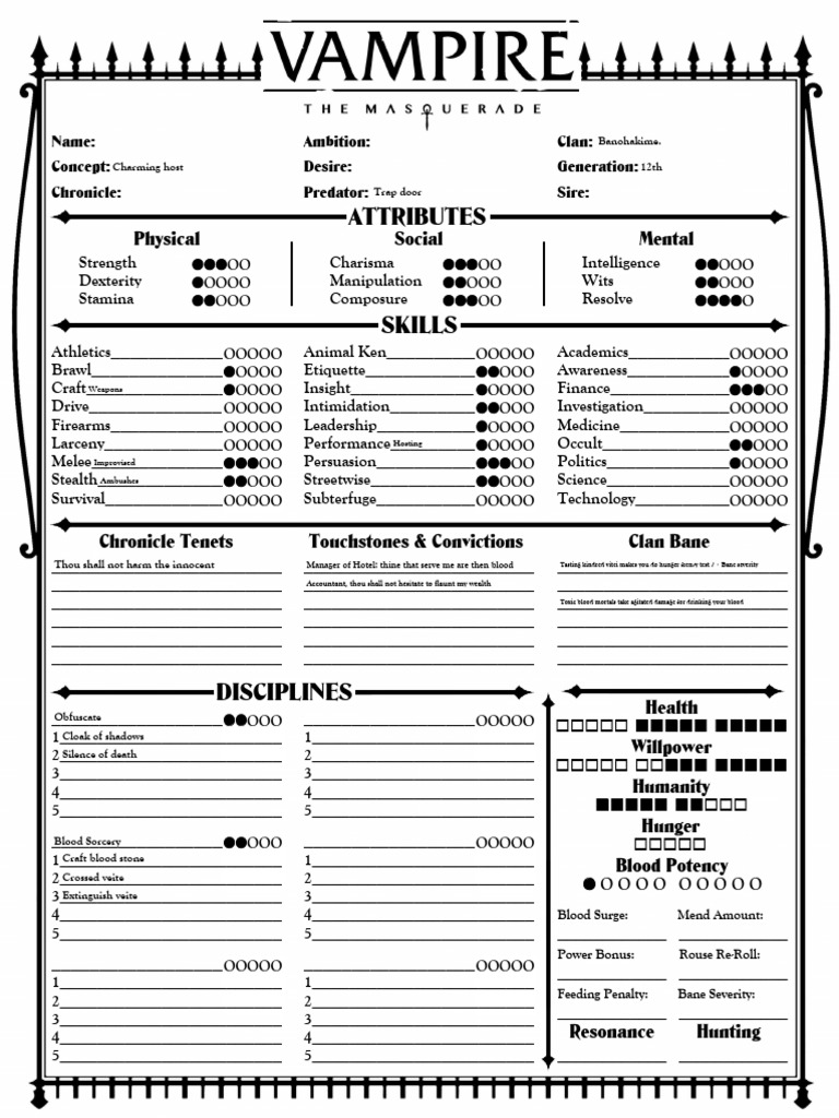 Vampire Character Sheet Template | PDF