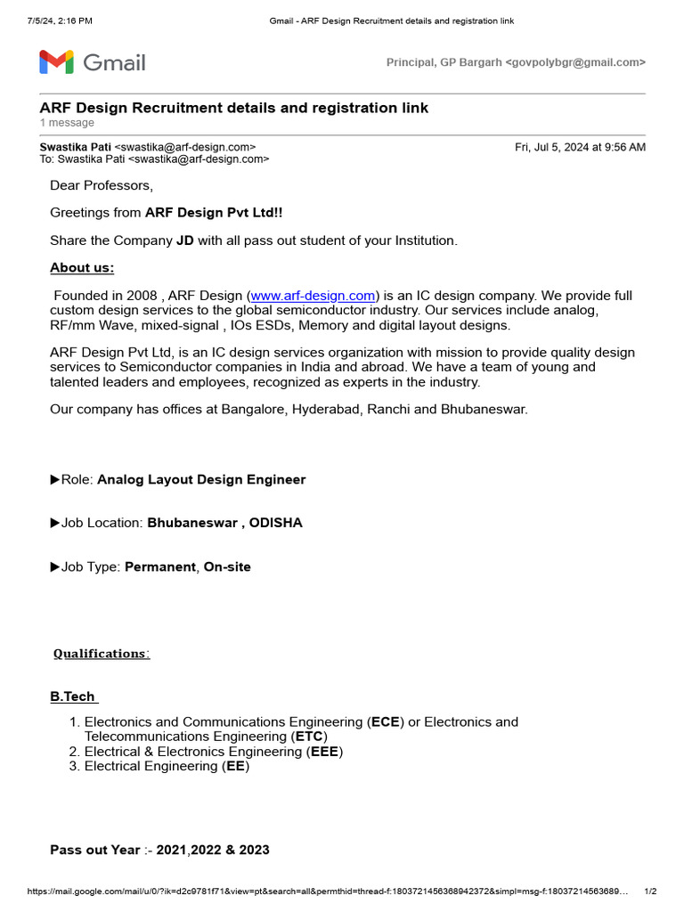 ARF Design Recruitment Details and Registration Link | PDF | Electricity | Computing