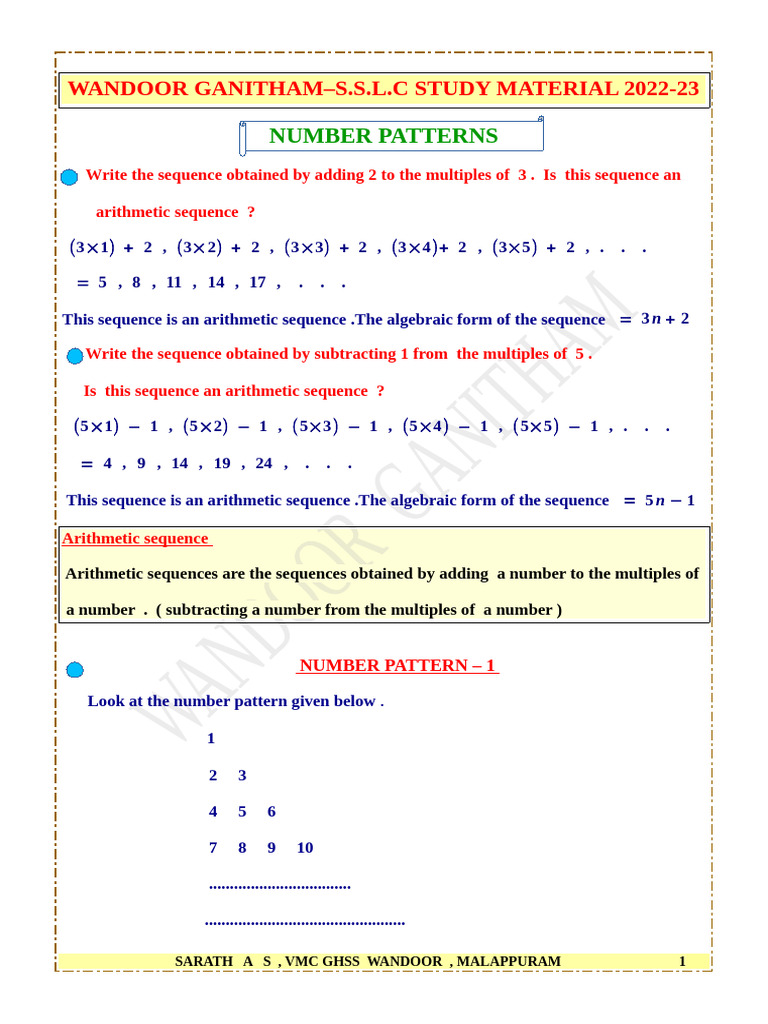 Hsslive-sslc-ch-1-Number patterns-eng | PDF | Mathematics | Arithmetic