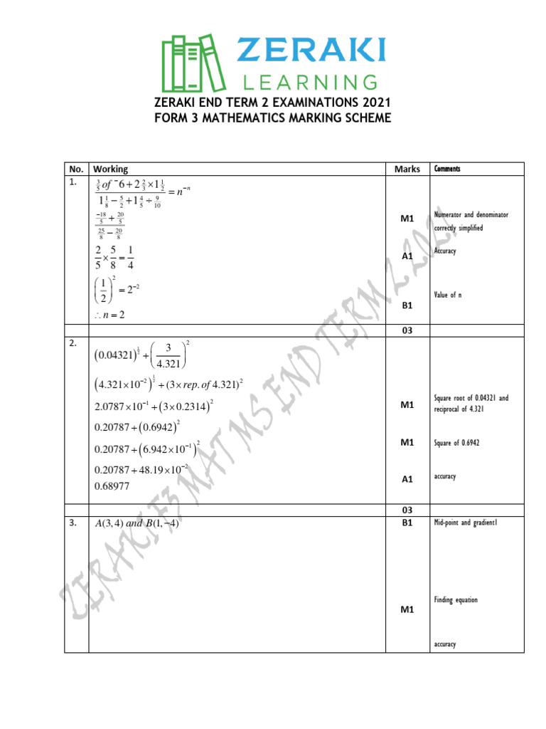 Mathematics Form 3 Marking Scheme Zeraki Achievers 2.0 - March 2021 | PDF | Area | Mathematics