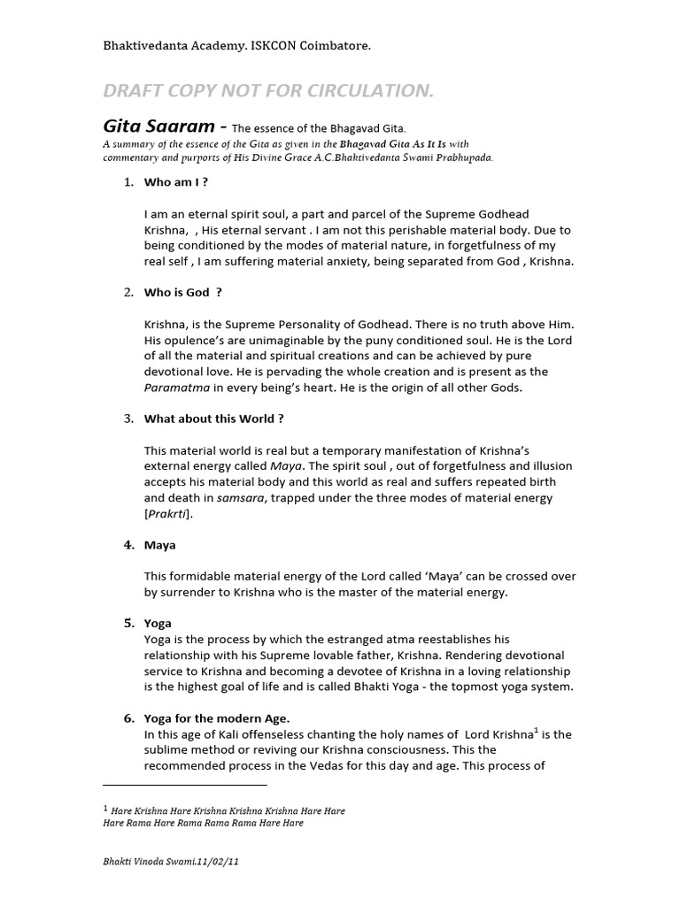 Gita Saaram : Draft Copy Not For Circulation | PDF | Bhagavad Gita ...