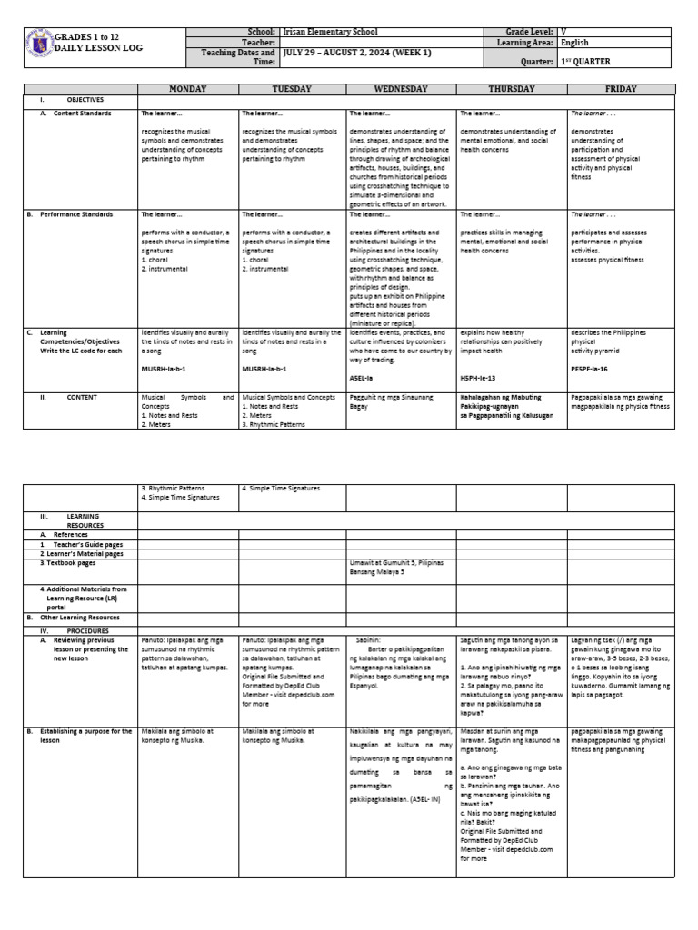 DLL - Mapeh 5 - Q1 - W1 | PDF