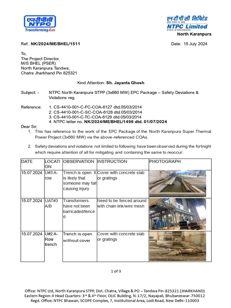 NTPC Letter Safety 1511 Dtd. 16.07.2024 | PDF