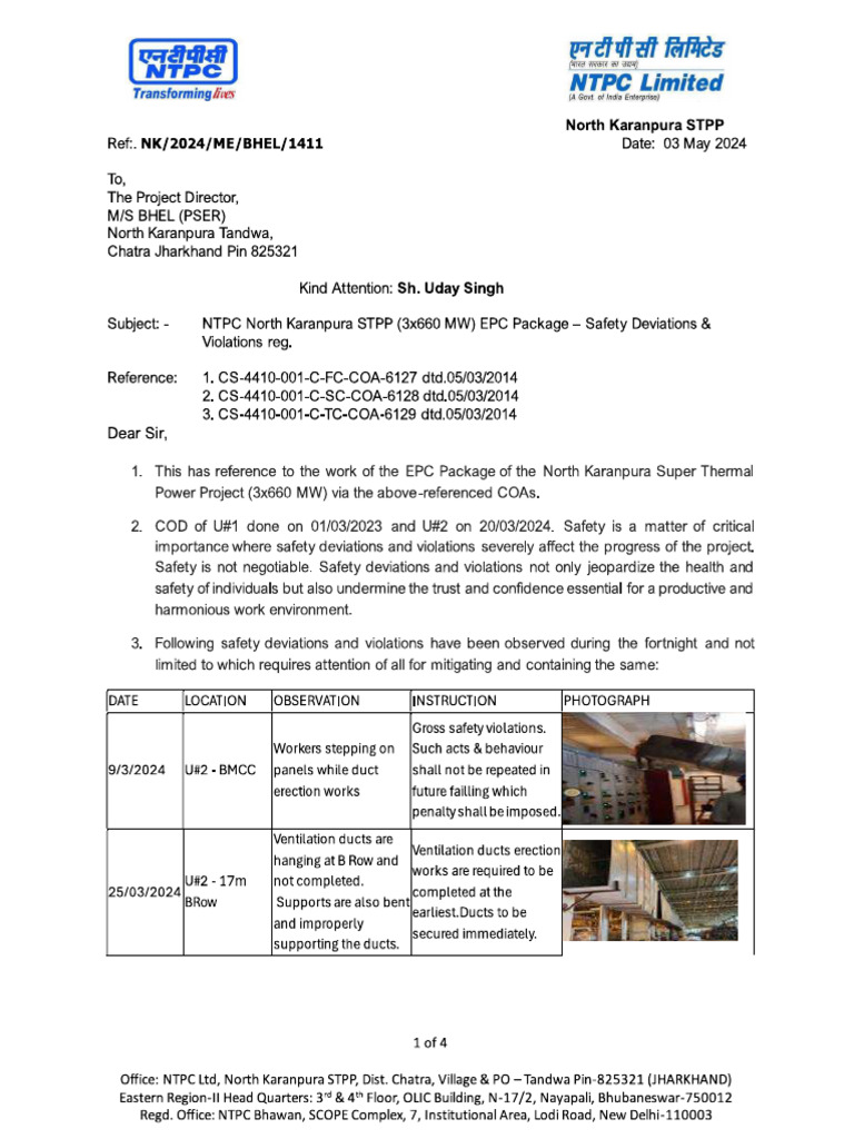 NTPC Letter 1411 Safety Lapses Reg | PDF