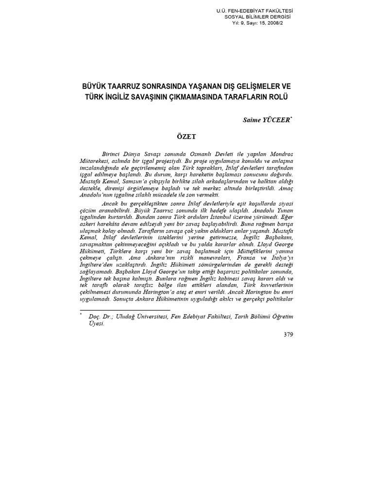 B y K Taarruz Sonras Nda Ya Anan D Geli Meler Ve T RK Ngiliz Sava N N Kmamas Nda Taraflar N Rol ...