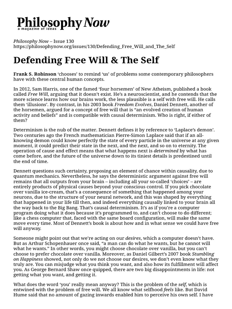 Defending Free Will & The Self - Issue 130 - Philosophy Now | PDF ...