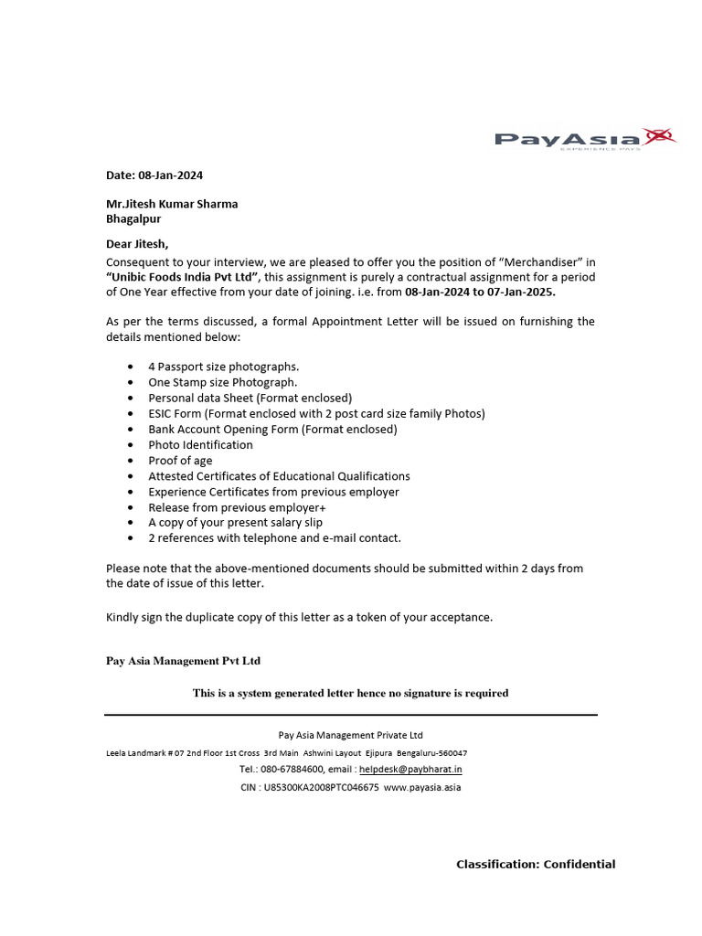 Merchandiser Job Offer at Unibic Foods | PDF | Identity Document