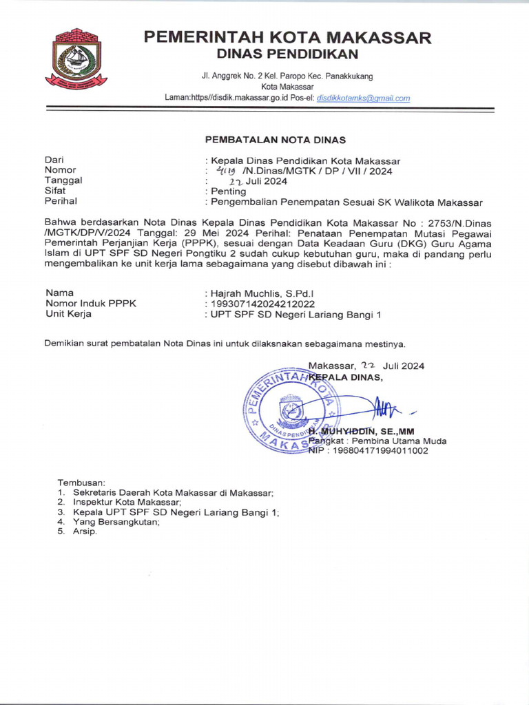 Pembatalan NOTA DINAS An. Hajrah Muchlis, S.pd.I | PDF