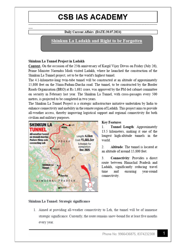 Shinkun La Tunnel: India's Strategic Project | PDF | Privacy | Right To ...