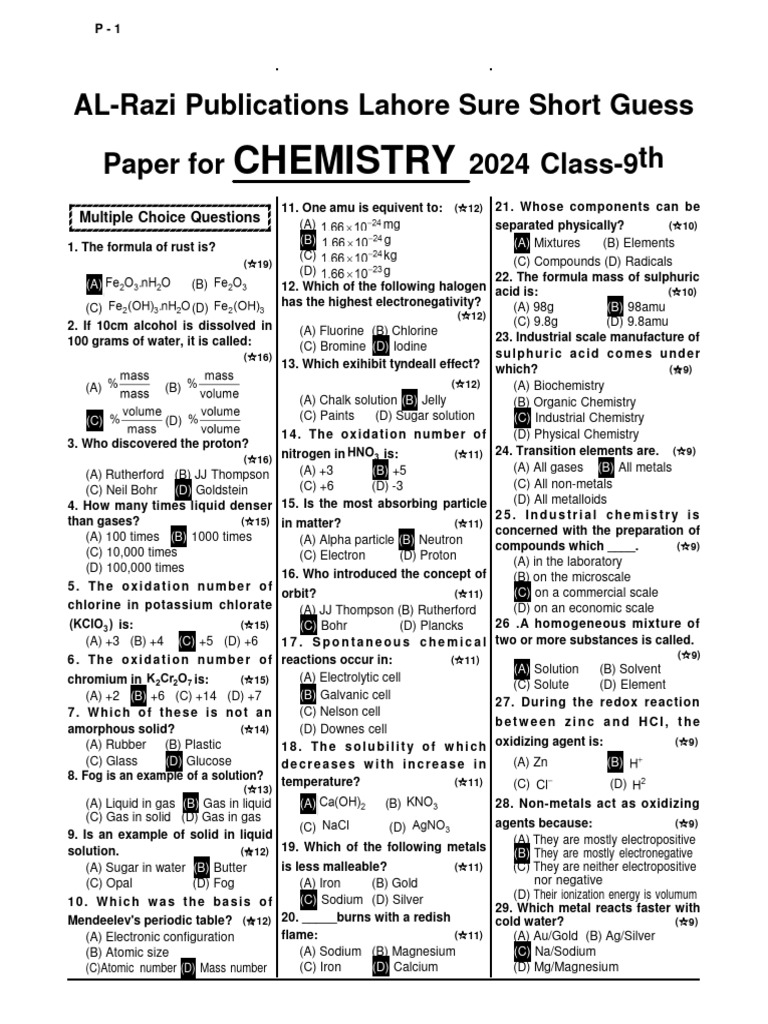 AL-Razi Guess Paper Chemistry (E - M) 9th | PDF | Chemical Bond | Redox