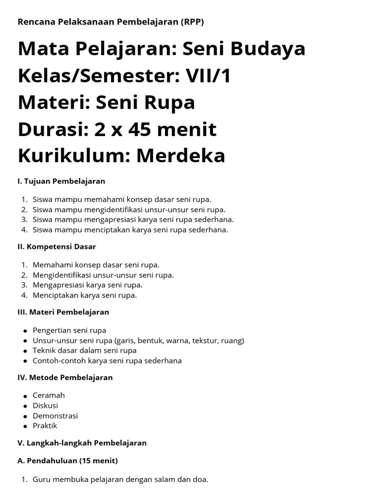 RPP Senbud Kelas 7 Seni Rupa Sem.1 | PDF | Kajian Bahasa Asing | Griya & Taman
