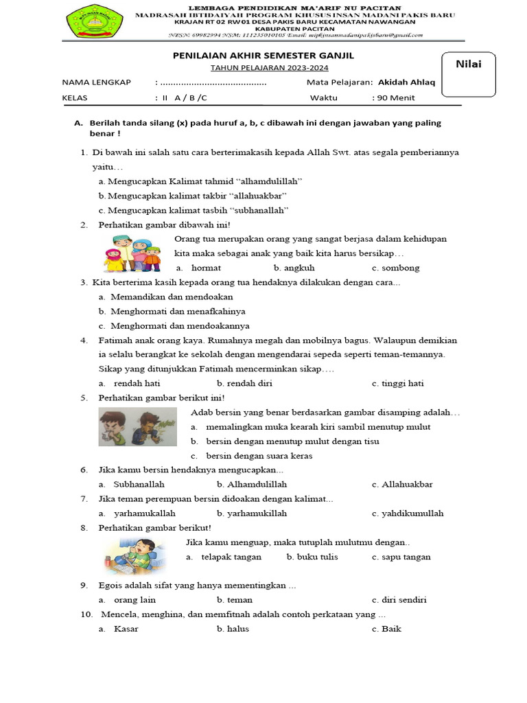 Soal Pas Ganjil Akidah Kelas 2 2023 | PDF