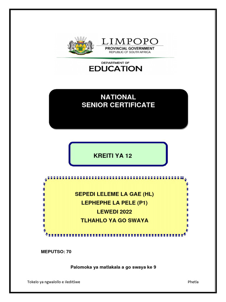 Sepedi HL P1 Preparatory Exam Memo GR 12 2022 | PDF | Linguistics ...