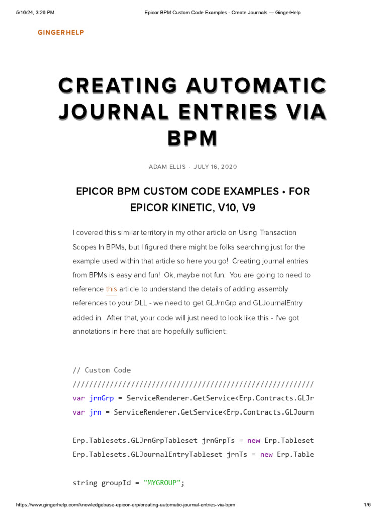 2-Epicor BPM Custom Code Examples - Create Journals - GingerHelp | PDF ... 2-Epicor BPM Custom Code Examples - Create Journals - GingerHelp | PDF ...
