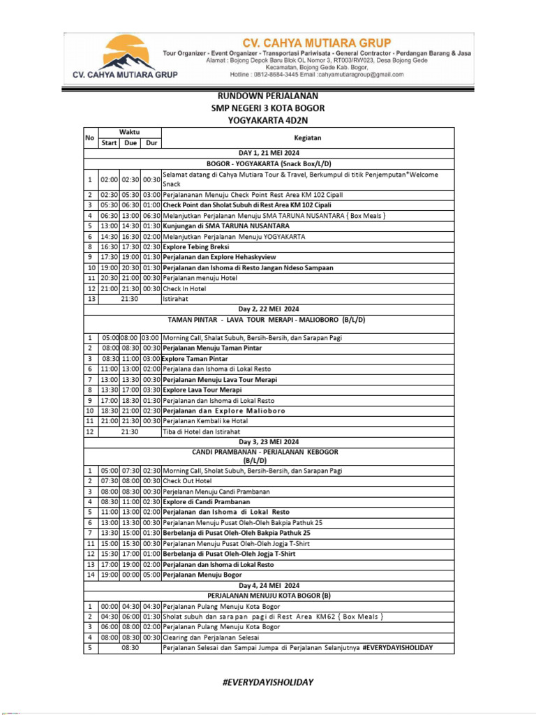 Rundown Perjalanan SMPN Kota Bogor To Yogyakarta | PDF