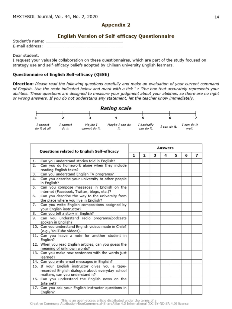 Self Efficacy Questionnaire Pdf Self Efficacy English Language