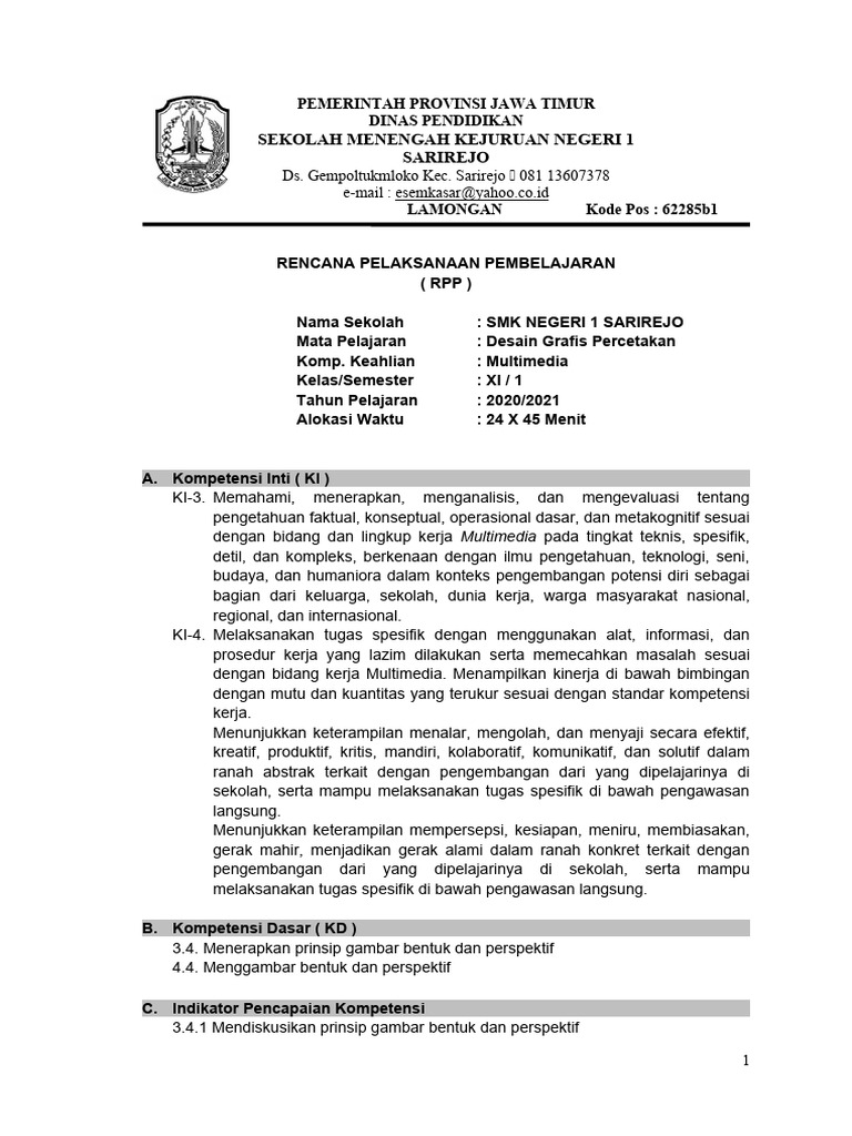 RPP DGP KD 4 Prinsip Gambar Bentuk Dan Perspektif | PDF