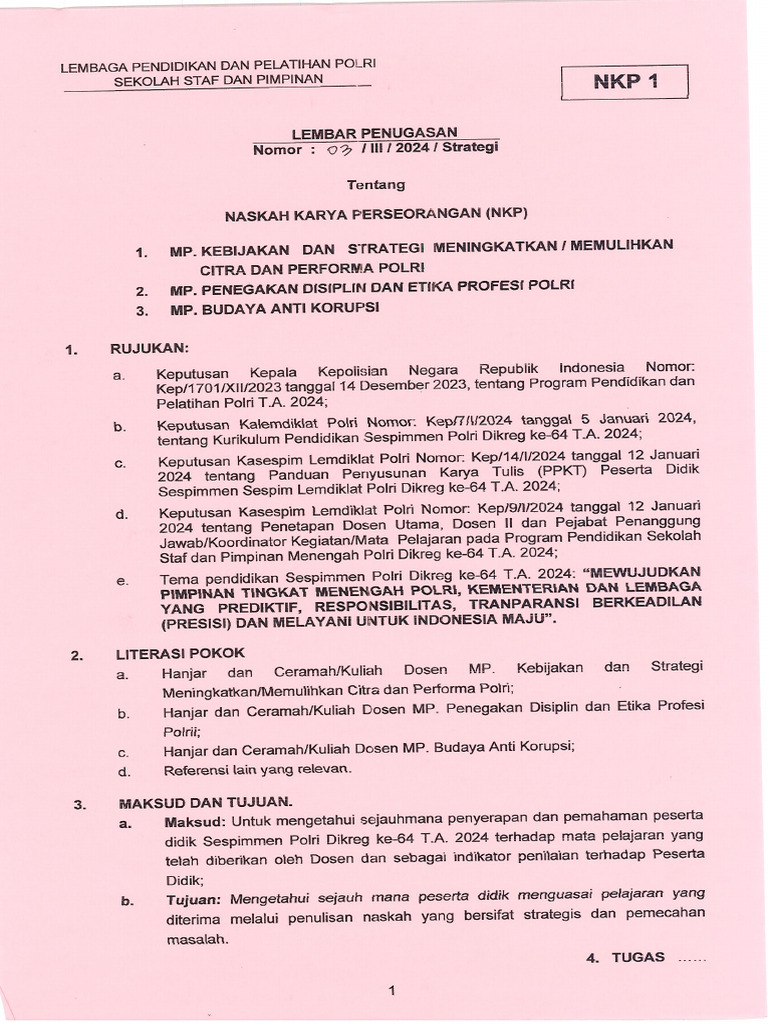 Lebar Penugasan NKP 1 - Sespimmen 64 | PDF