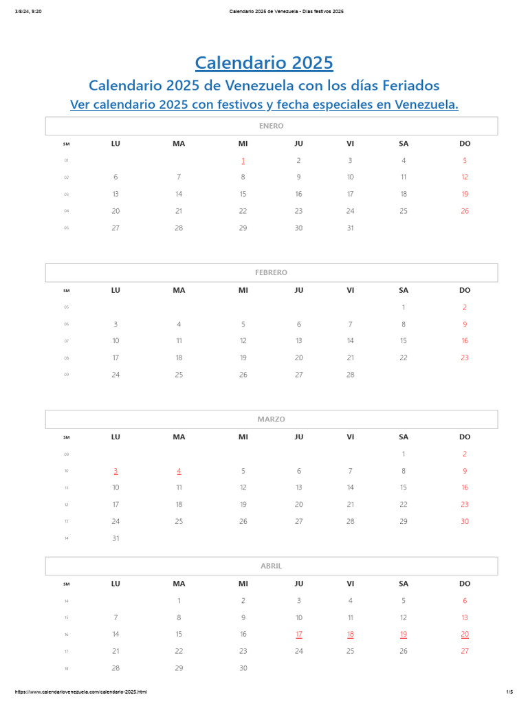 Calendario 2025 De Venezuela Días Festivos 2025 Pdf Calendario