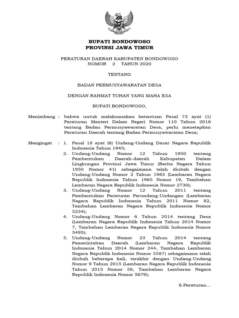 Perda Nomor 2 Tahun 2020 Tentang BPD | PDF