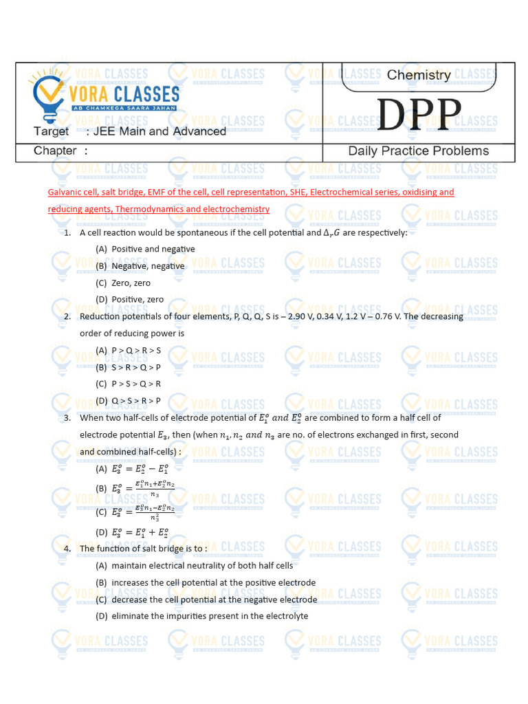 Electrochemistry - DPP 1-Question - PDF @genetry | PDF | Electrochemistry | Materials