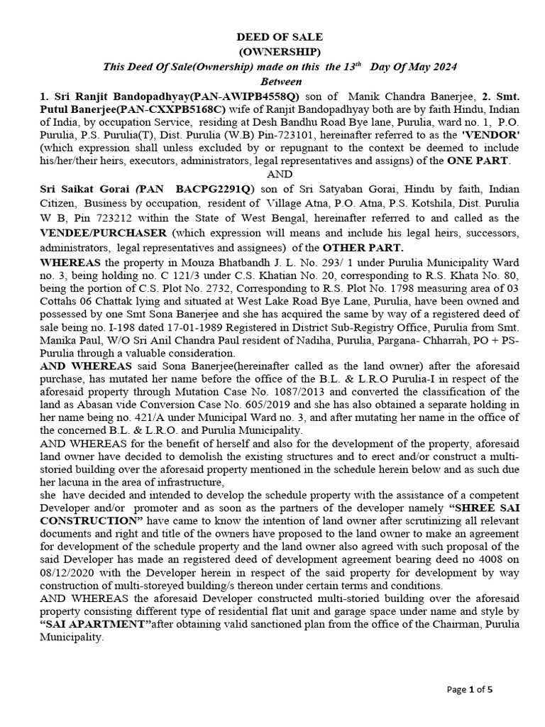 Resale Flat Deed Ranjit Bandyopadhay Saikat DF | PDF | Deed | Civil Law (Common Law)