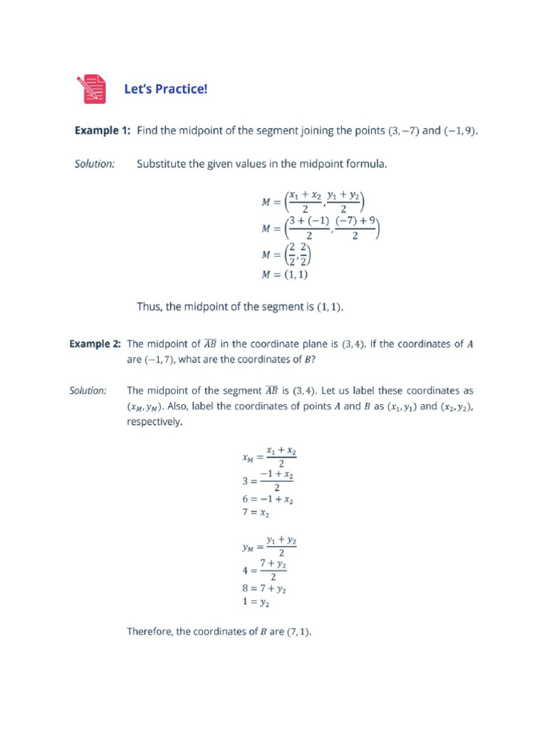 Midpoint and Perpendicular Bisector Sample Problems | PDF