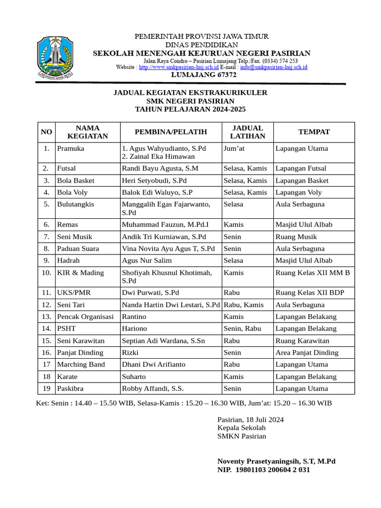Jadwal Ekstrakurikuler 2024 | PDF