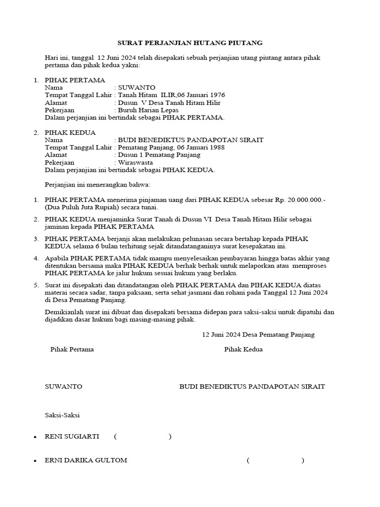 Surat Perjanjian Hutang Piutang Suwanto | PDF | Hukum