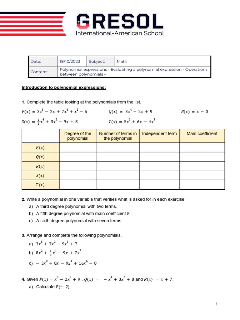 Polynomial Expressions and Operations Guide | PDF | Factorization ...