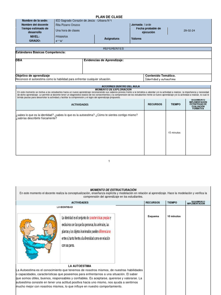 Plan de Clase Clases Autoestima | PDF | Aprendizaje | Autoestima
