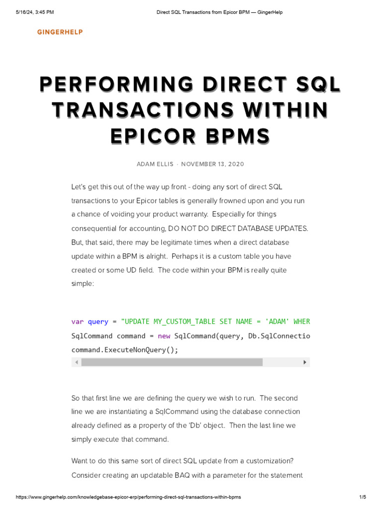 6-Direct SQL Transactions From Epicor BPM - GingerHelp | PDF | Database Transaction | Databases