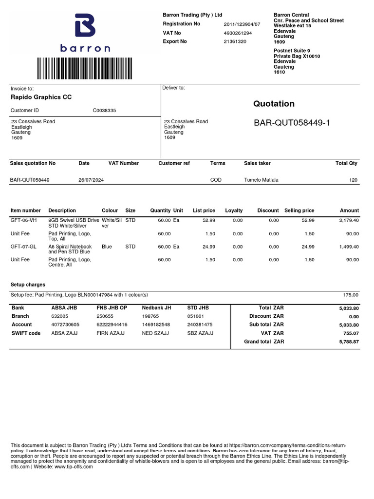 Quotation BAR QJL075511 | PDF | Business