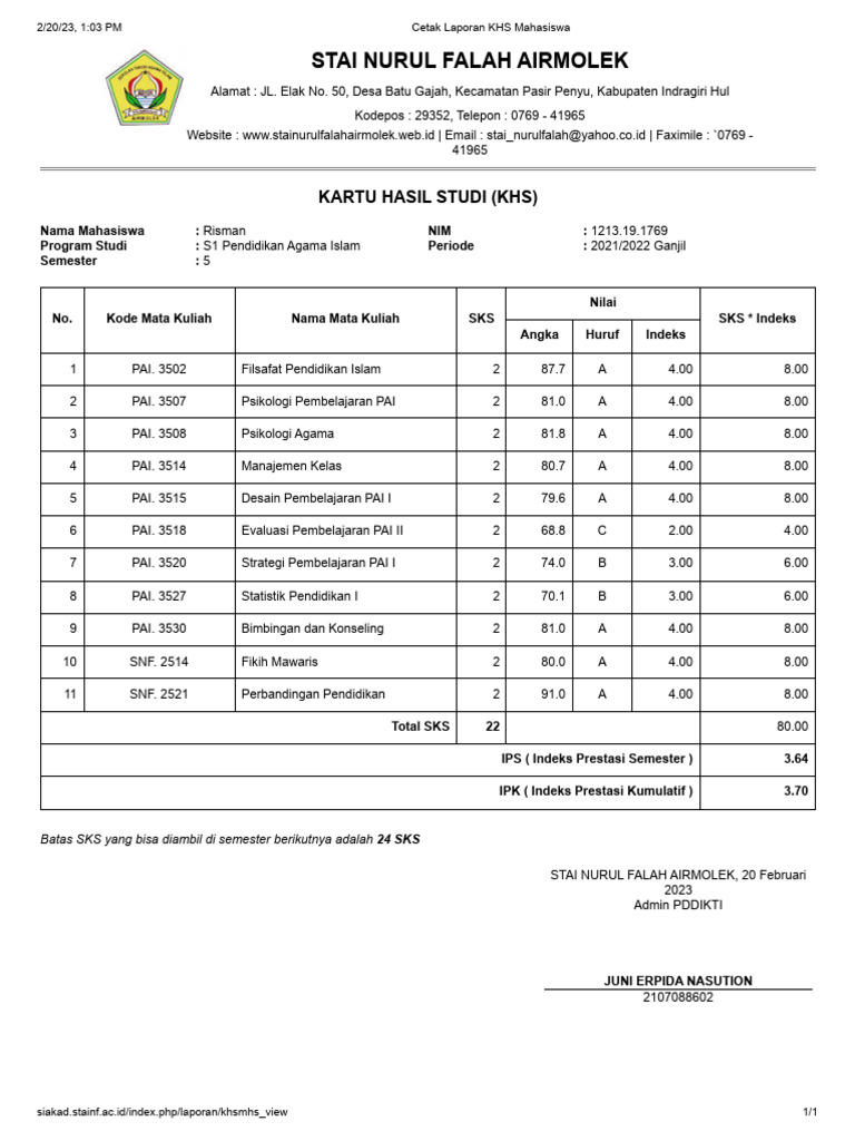 Cetak Laporan KHS Mahasiswas5 | PDF